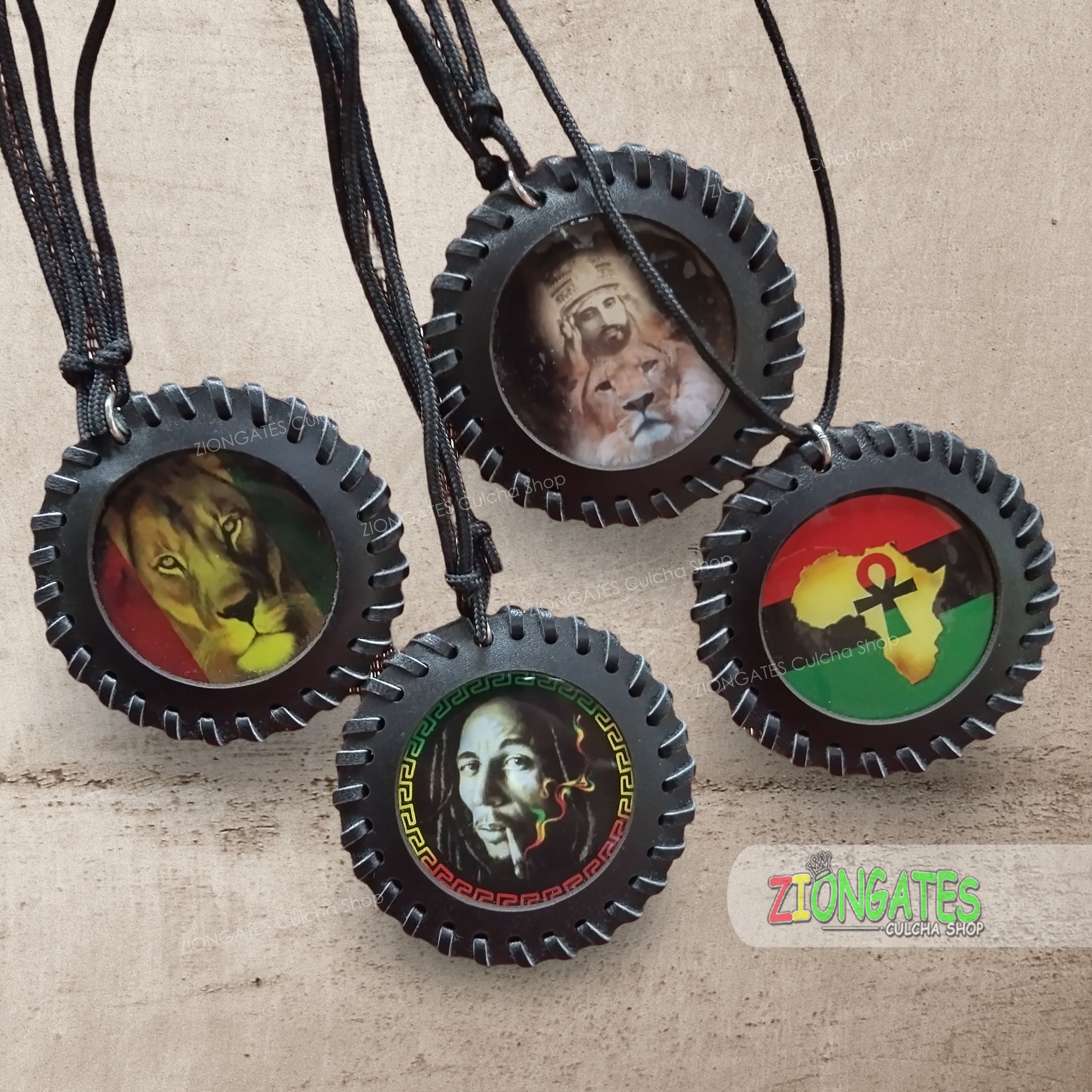 Rasta Necklaces with Leather Medallions - Lion - RBG Africa Ankh - Bob ...
